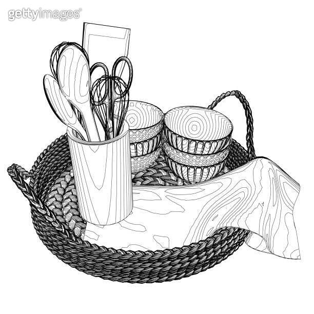 Outline of drawn illustration kitchen tools. Contour of kitchen ...