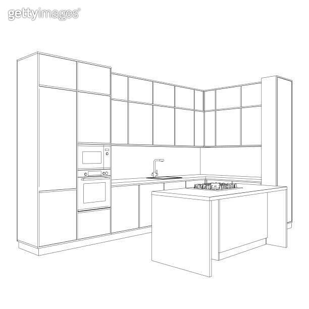Interior contour of kitchen room. Outline blueprint design of kitchen ...