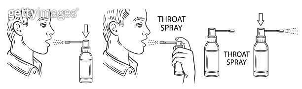 Medical spray for sore throat, man use liquid oral aerosol medicine for ...