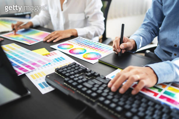 Graphic designer work with Color swatch samples Graphic Skill Concept ...