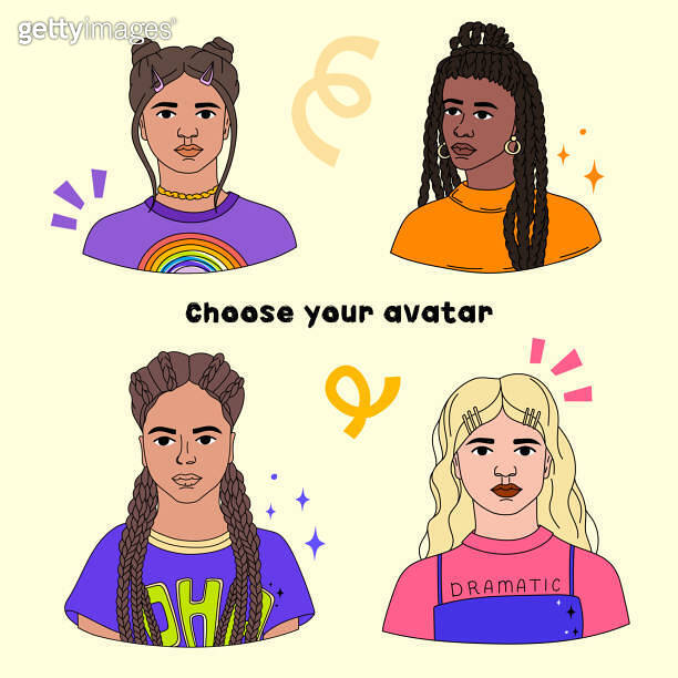 Collection of lined girls' avatars in bold modern style. Vibrant ...