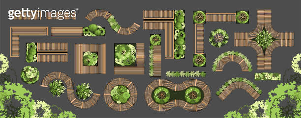 Top view of furniture for the architectural landscape plans. Benches ...