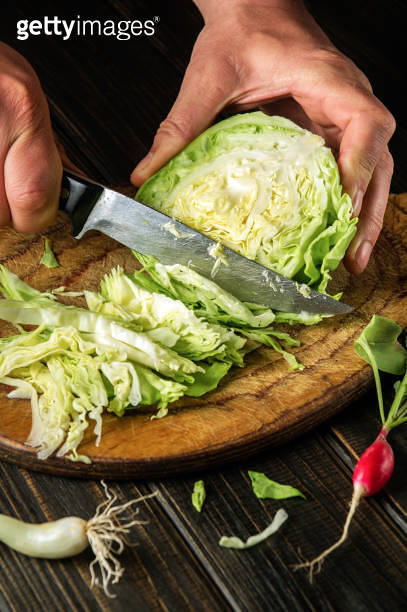 Cutting fresh cabbage by chef hands before preparing national or ...