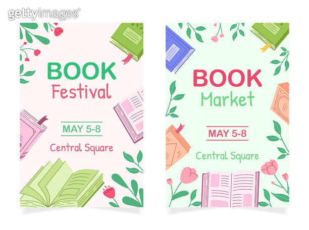 Set of two posters with books to advertise a literary market or ...