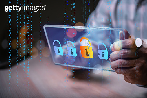 man hand work with laptop unlock central lock cyber security key to ...