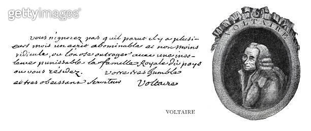 Voltaire french philosopher portrait with handwritten text and ...