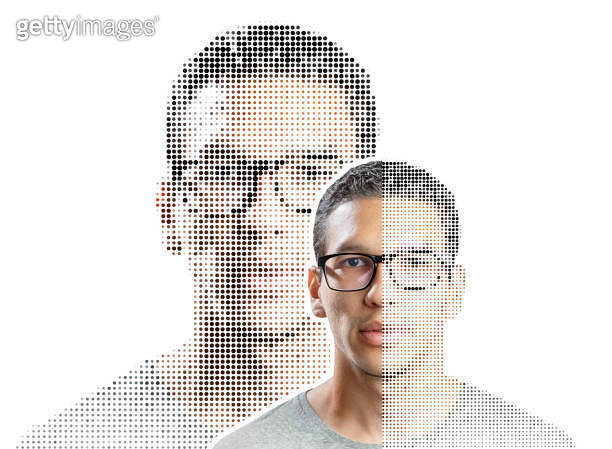 Man with facial recognition technology concept GUI for authentication ...