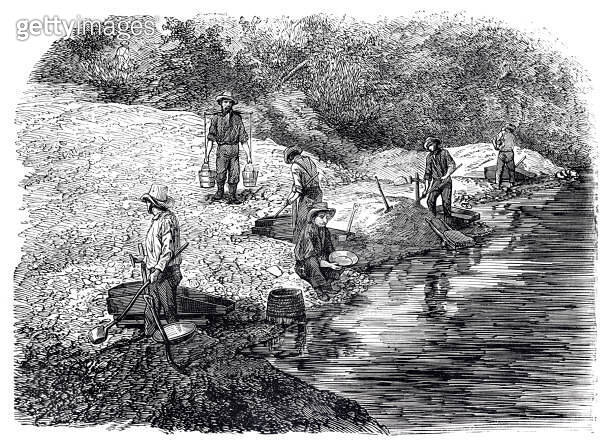 Gold Rush men panning for gold in Coloma California 1853 (1596236699 ...