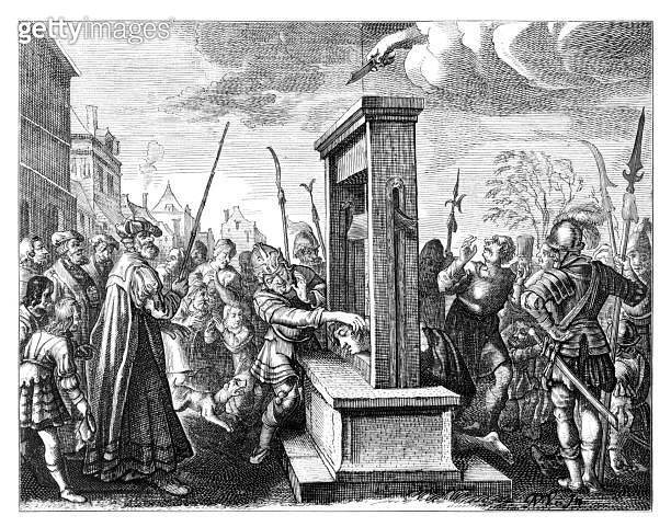 King executed on guillotine 16th century woodcut 이미지 (1465982717) - 게티이미지뱅크