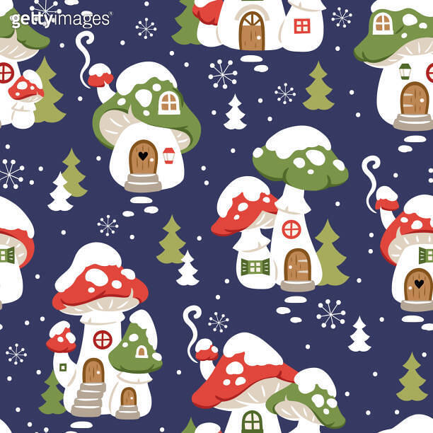Seamless vector pattern with cute winter mushroom houses, snowflakes ...