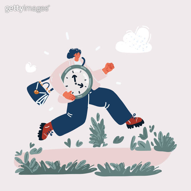 Vector illustration of woman running with the big clock in her hands ...