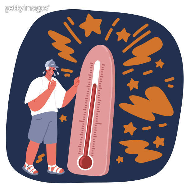 Cartoon vector illustration of man holding thermometer. Hot weather 이미지 ...