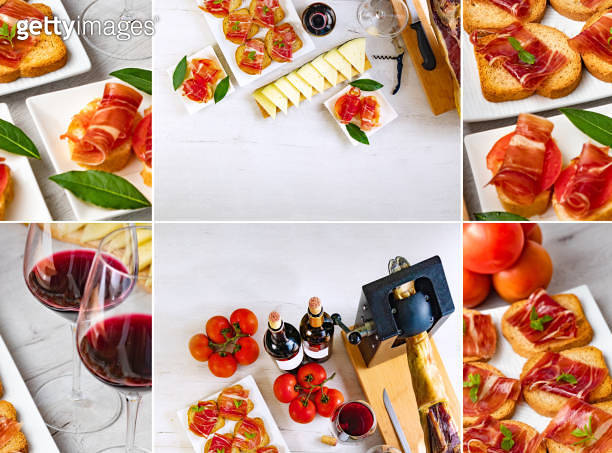 Spanish appetizers collage. 이미지 (1487362678) - 게티이미지뱅크