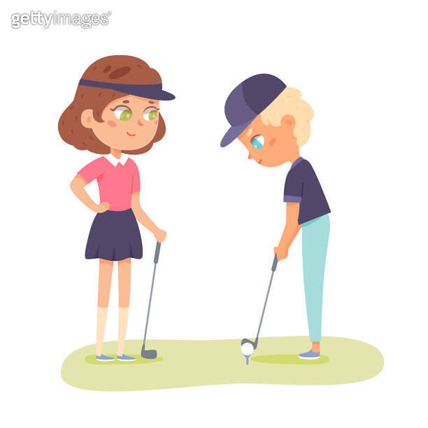 Active golf game of kids vector illustration. Cartoon isolated summer ...