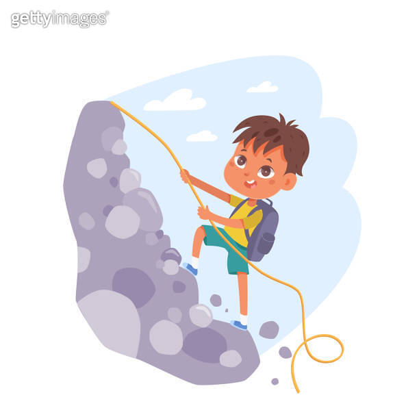 Child mountain climb cartoon illustration. Boy with backbag climbs a ...