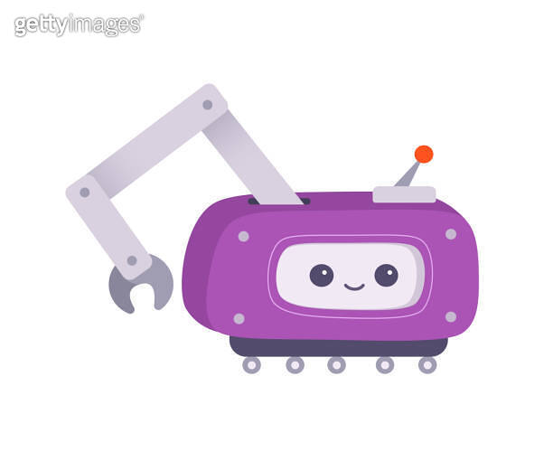 Cute toy robot with robotic arm, purple friendly machine with ...