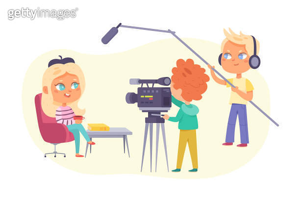 Interview talk show with celebrity and backstage team set vector ...