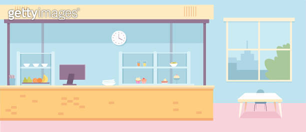 School canteen interior, empty school cafeteria or foodcourt hall ...