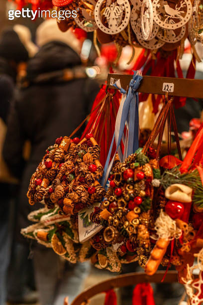 German Christmas market wood chalet house with Christmas lights and ...