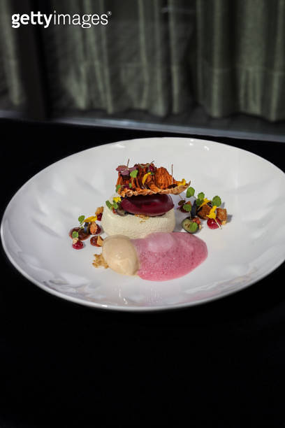 Michelin star gourmet dessert panna cotta white chocolate mousse with ...