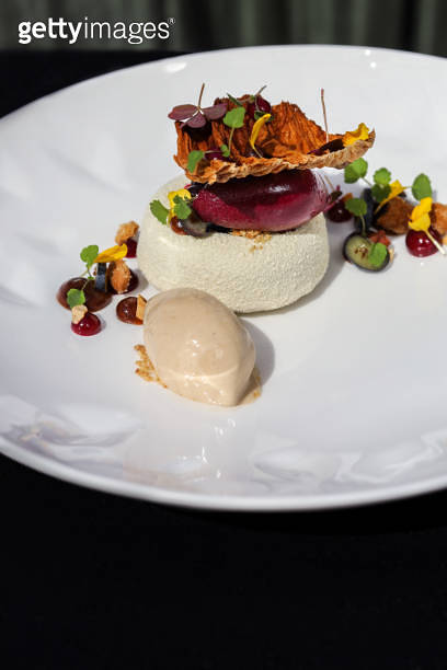 Michelin star gourmet dessert panna cotta white chocolate mousse with ...