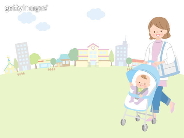 Working mom picking up and dropping off baby from nursery school ...