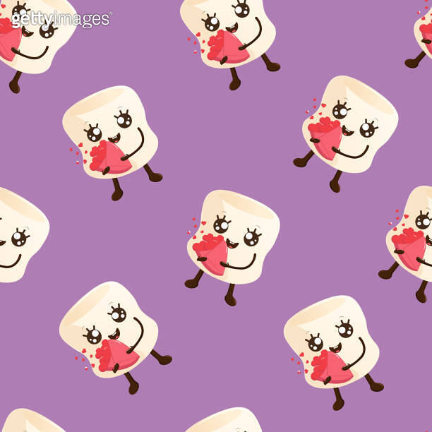 Seamless pattern with marshmallows and a bouquet with red hearts ...