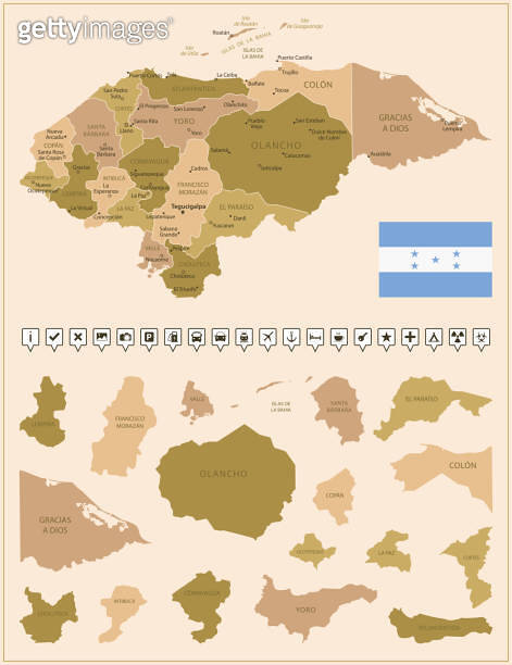 Hondura - detailed map of the country in brown colors, divided into ...