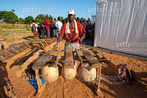 Musician plays a traditional wooden xylophone-like instrument from ...