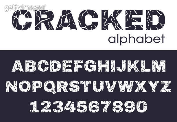 Cracked alphabet. Broken abc font, fissure letters and numbers ...