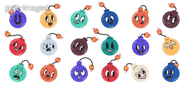 Cartoon bomb characters. Comic bombs with burning wick, hand drawn bomb ...