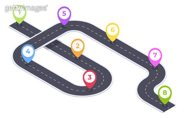 Isometric winding road infographic. City map 8 steps timeline road ...