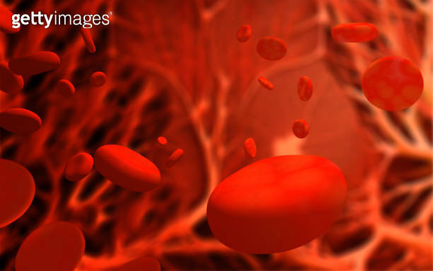 Many red erythrocytes in an artery. Horizontal background with red ...