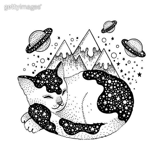 Magic cat with mountain, saturn tattoo. Space art. Esoteric alchemy ...