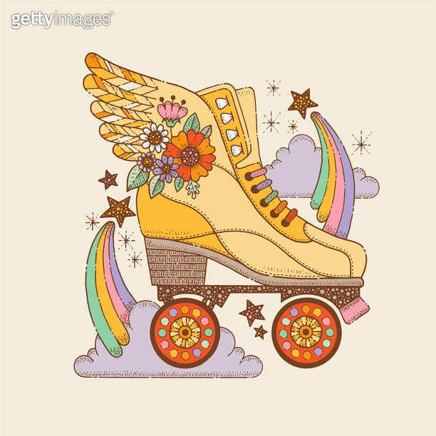 Retro groovy roller skate drawing in 70s style. Cute vintage print with ...