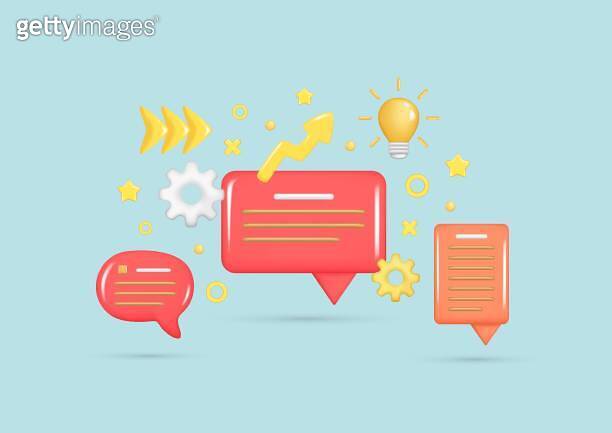 Set of realistic 3d pink speech bubble, message button, chat box with ...