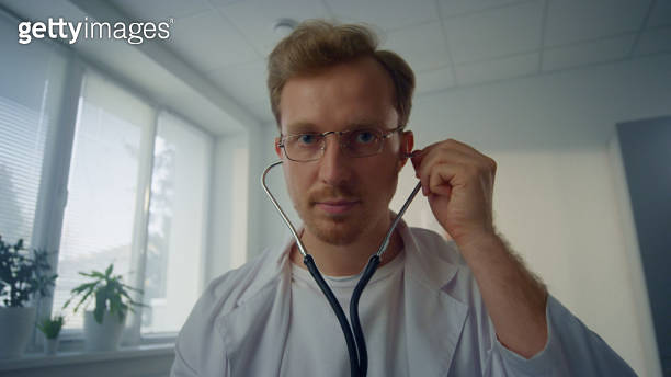 Doctor Wearing Stethoscope Checking Patient Lungs In Modern Clinic Pov Video 이미지 1469026433
