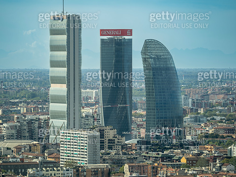 Milano, Italy. Amazing aerial view of the iconic Generali, Allianz and ...