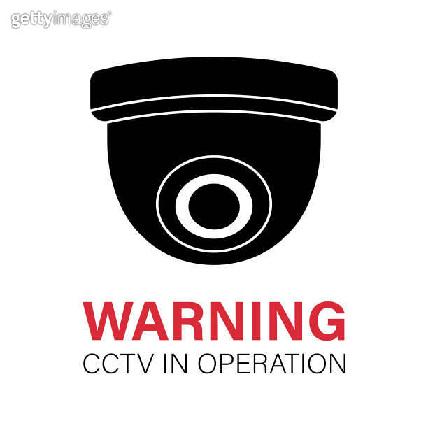 Black-filled security camera with text Warning - CCTV is operation ...