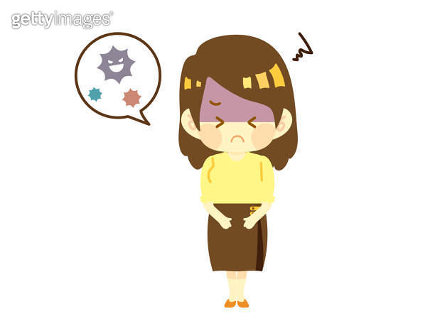 A woman with a pale face who has abdominal pain caused by a virus or ...