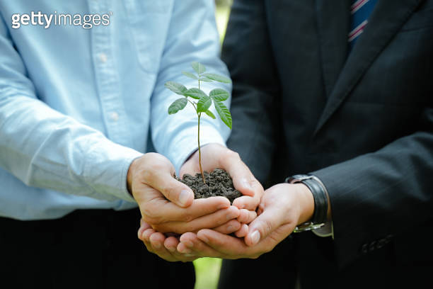 Group of volunteers holding small plants in hand. World environment day ...