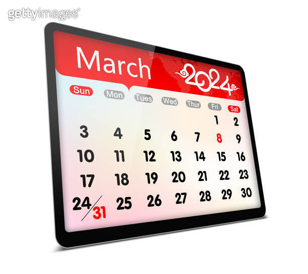(Clipping path) March 2024 calendar on digital tablet isolated ...