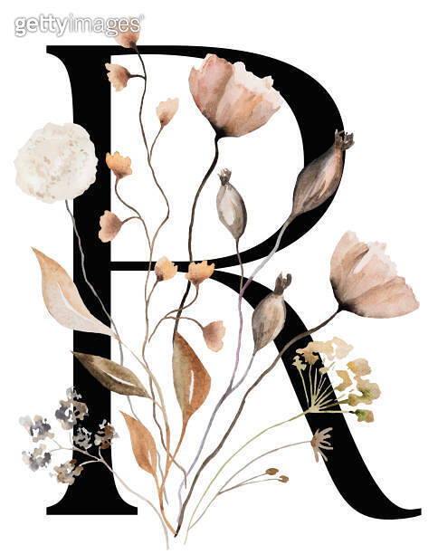 Black capital letter R with brown autumn watercolor wildflowers and ...