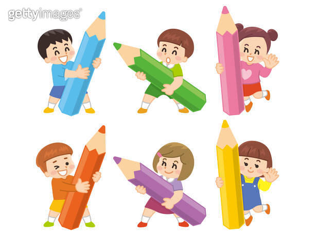 Children are playing with big colored pencils 이미지 (1459216067) - 게티이미지뱅크