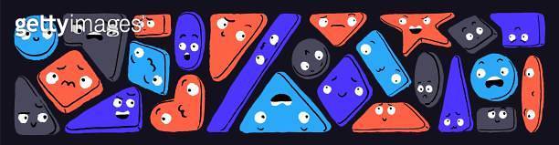 Cute funny faces in geometric shapes set. Emojis, emotions in geometry ...