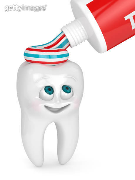 3D render of cartoon Mr Tooth looking at toothpaste isolated over white ...