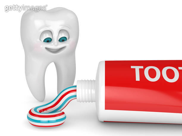 3D render of cartoon Mr Tooth looking at toothpaste isolated over white ...