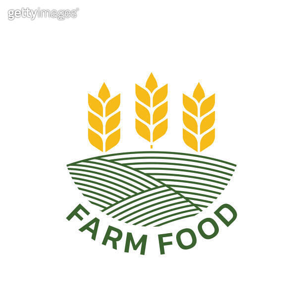 Farm food icon with agriculture field and wheat. Organic or eco food ...