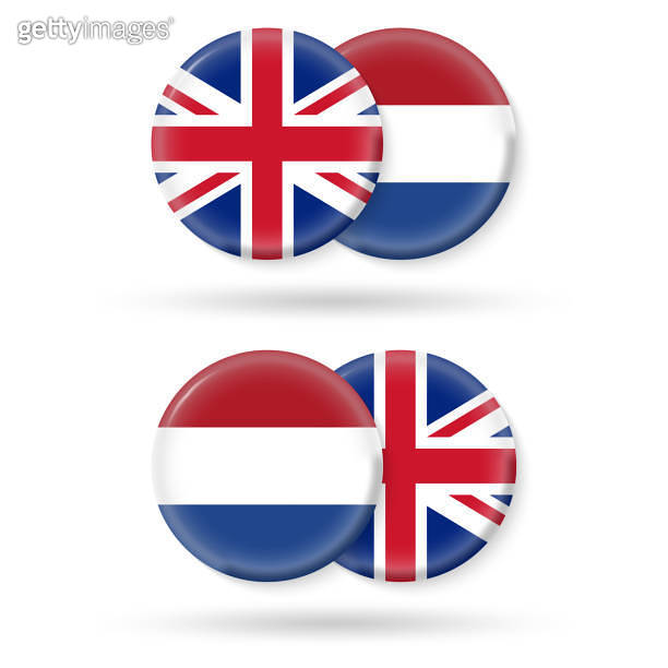Netherlands or Holland and UK circle flags. 3d icon. Round British and ...