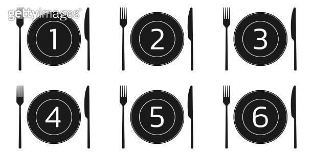 Dish portion number icon or sign with plate, fork and knife. 1,2,3,4,5 ...